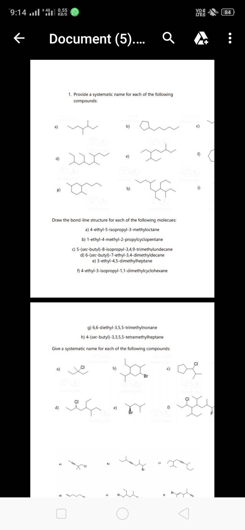 Draw the bond-line structure for each of the following molecues: | Filo