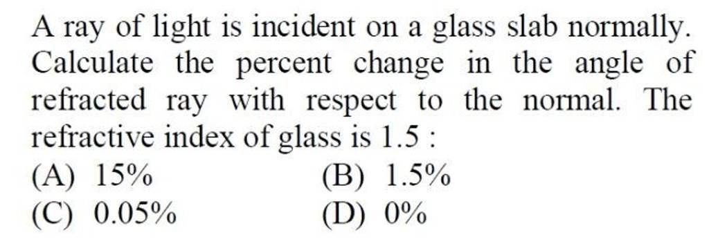 A ray of light is incident on a glass slab normally. Calculate the percen..