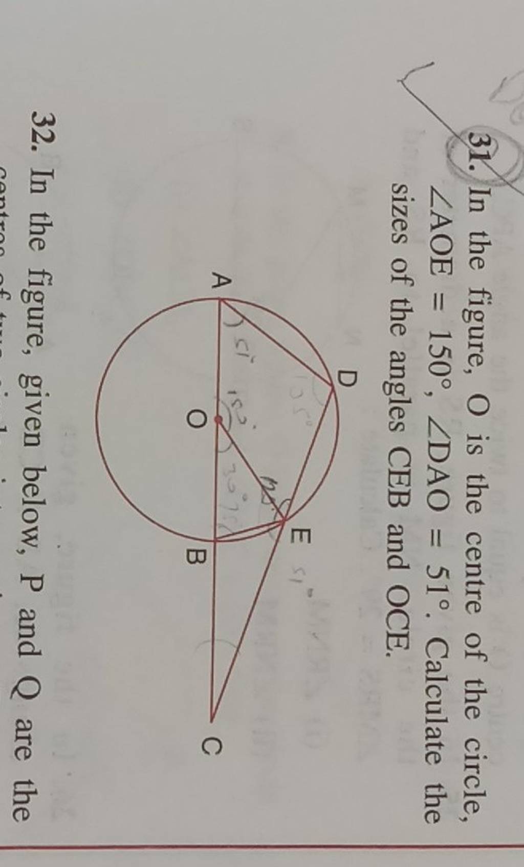 31. In the figure, O is the centre of the circle, ∠AOE=150∘,∠DAO=51∘. Cal..