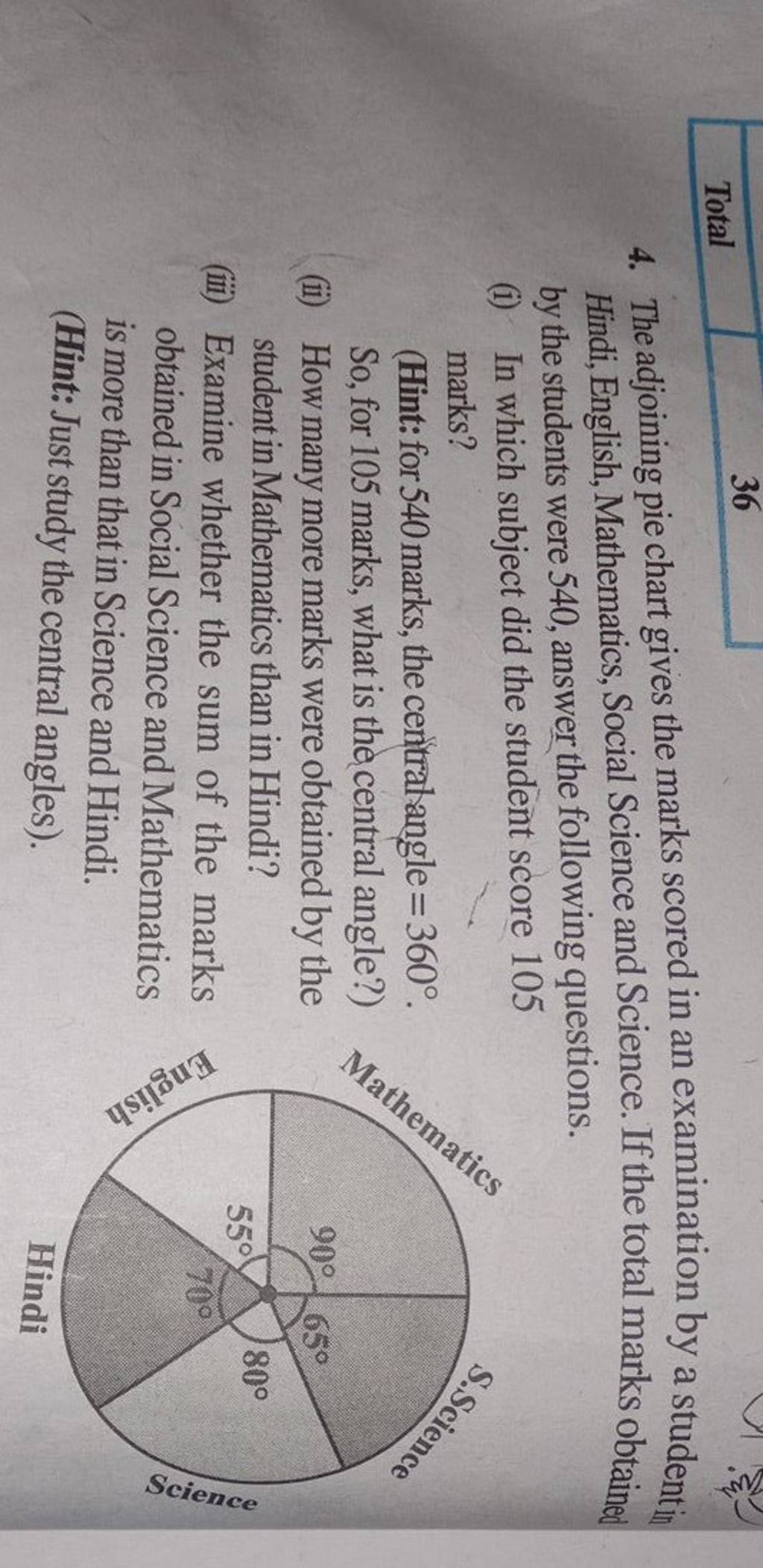 4. The adjoining pie chart gives the marks scored in an examination by a 4. The adjoining pie chart gives the marks scored in an examination by a