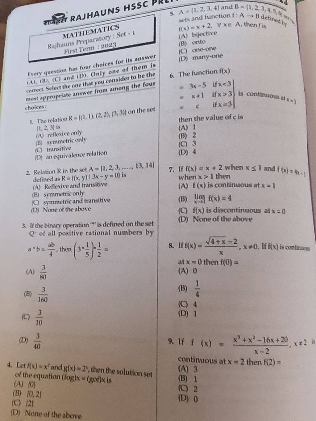 A RAJHAUNS HSSC MATHEMATICS Rajhauns Preparatory: Set - 1 First Term : 20..