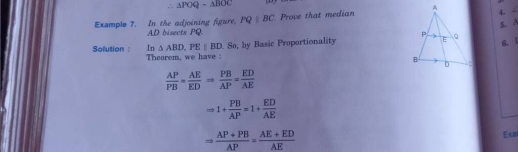 Example 7. In the adjoining figure, PQ∥BC. Prove that median AD bisects P..