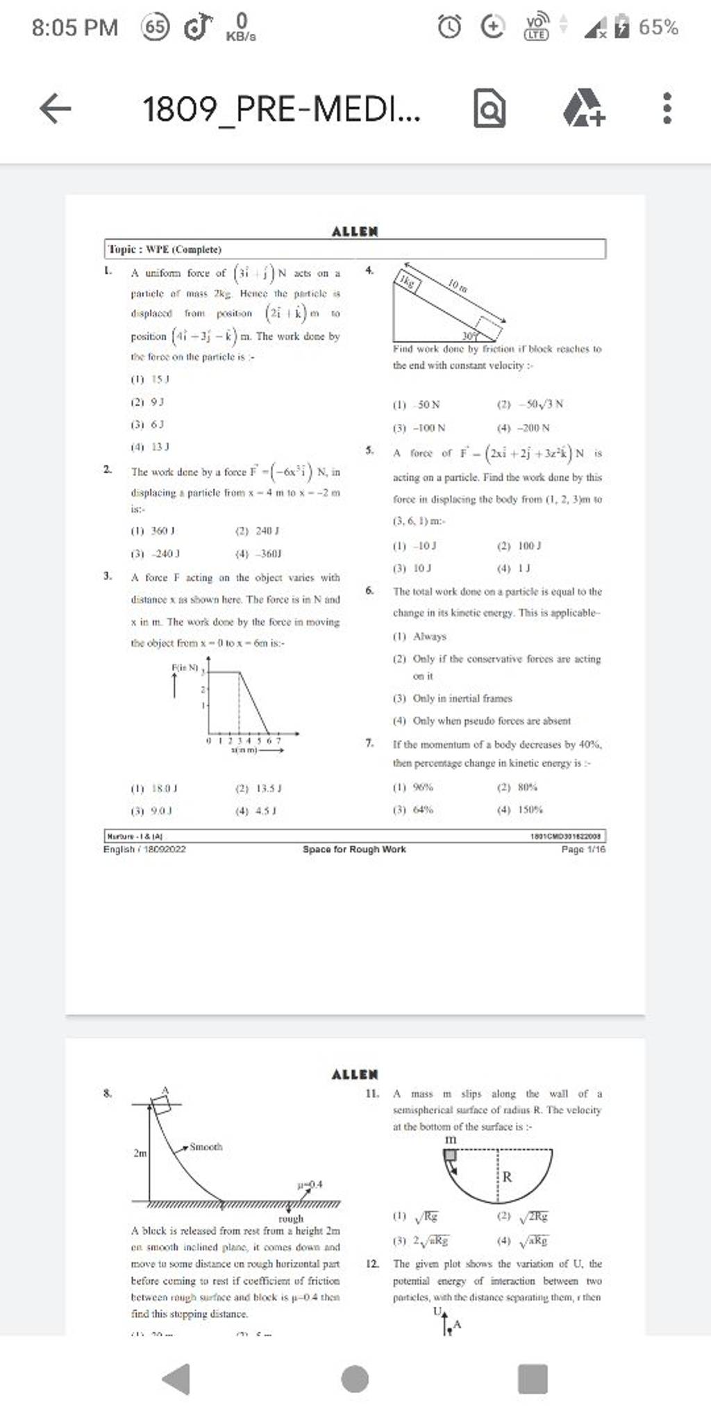 A Force F Acting On The Object Varies With Distance X Is Shown Here The