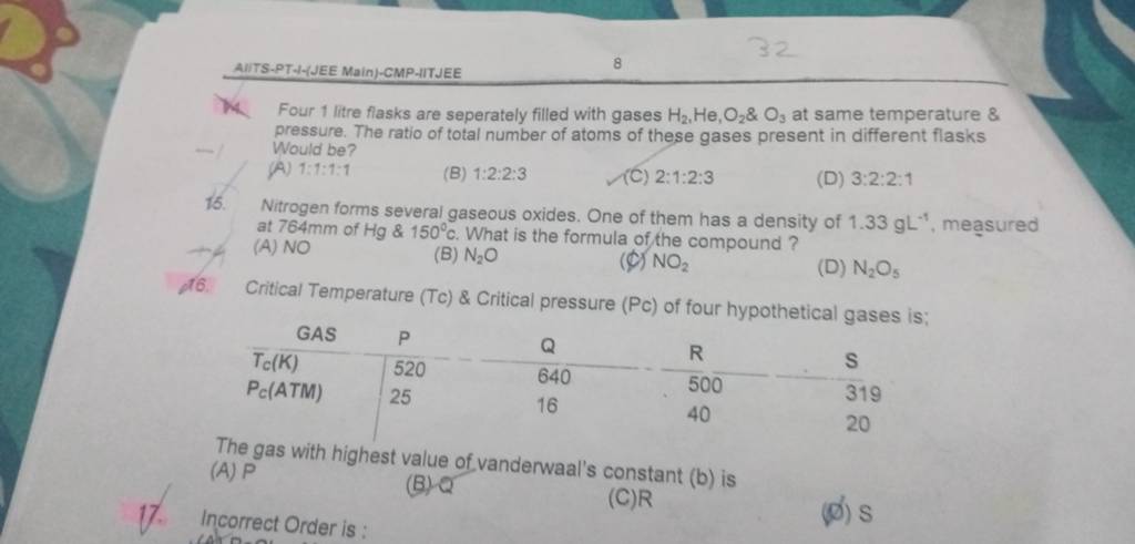 Critical Temperature (Tc) \& Critical pressure (PC) of four hypothetical