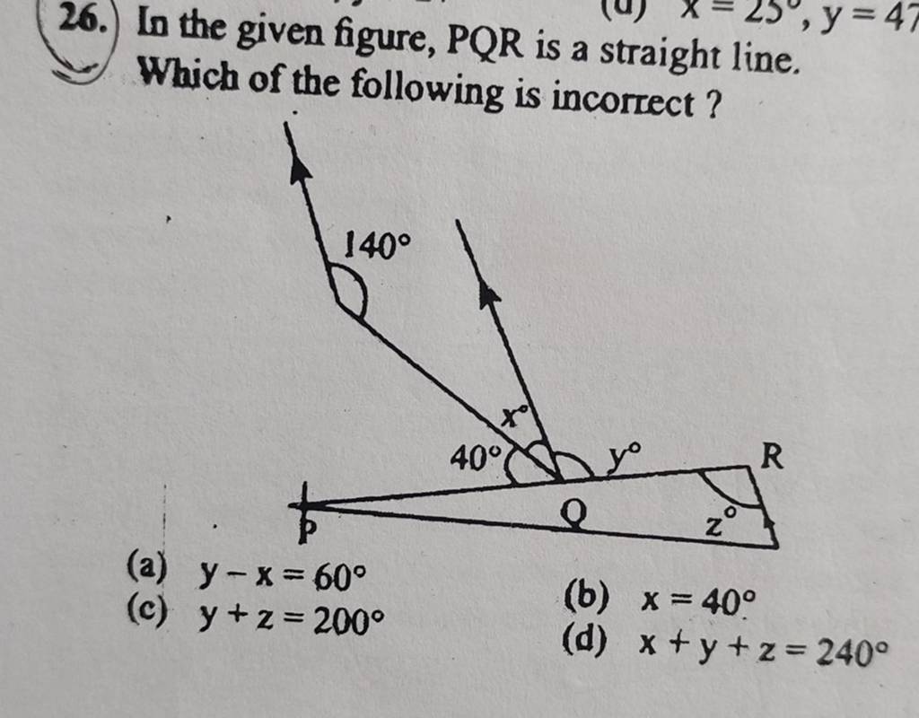 26. In the given figure, PQR is a straight line. Which of the following i..