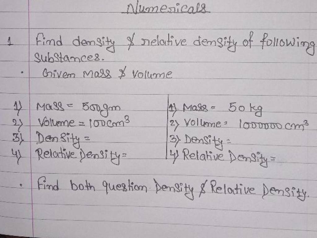 1 Find Density And Relative Density Of Following Substances Given Mass