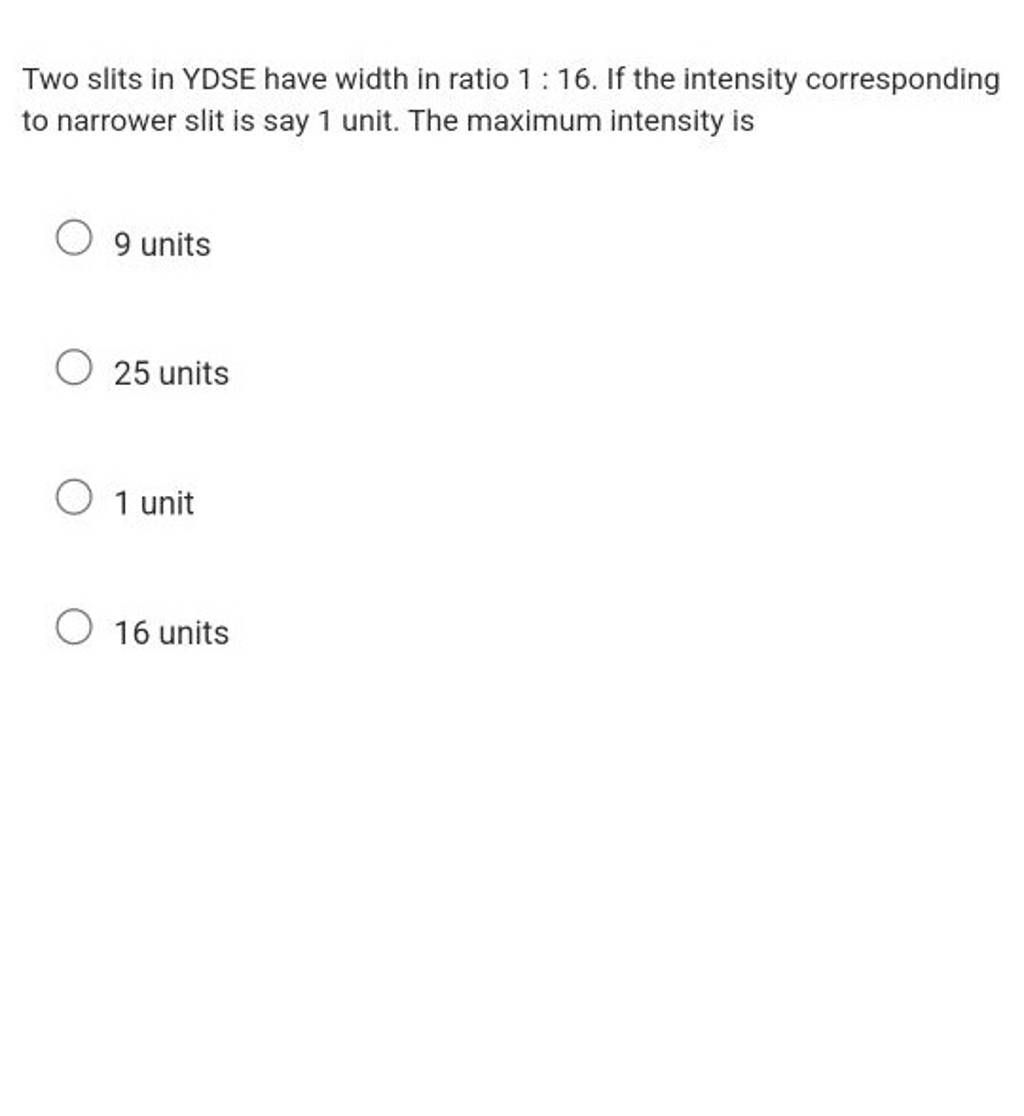 Two slits in YDSE have width in ratio 1:16. If the intensity correspondin..