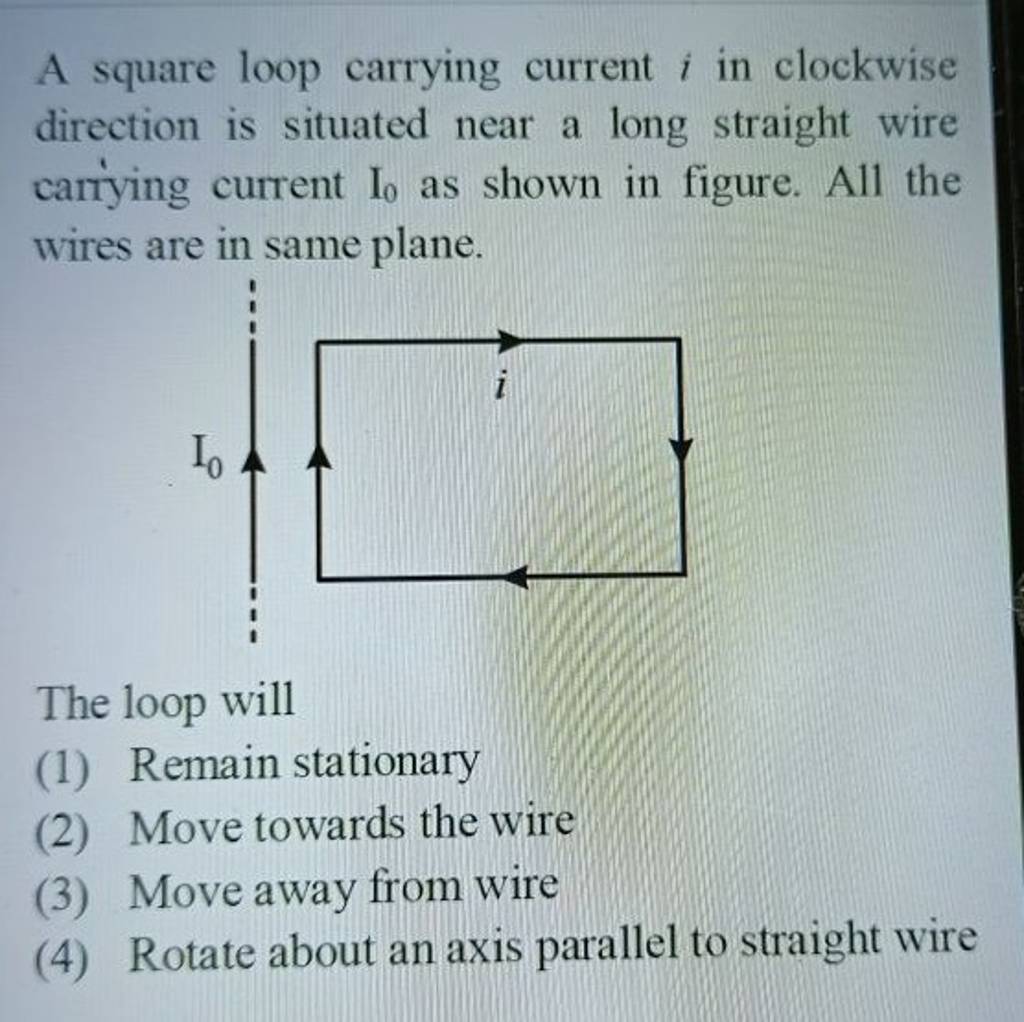 A square loop carrying current i in clockwise direction is situated near