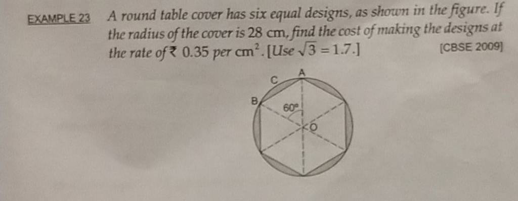 EXAMPLE 23 A round table cover has six equal designs, as shown in the fig..