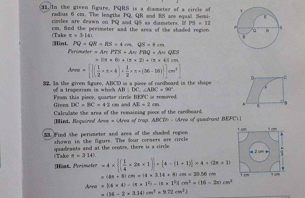31. In the given figure, PQRS is a diameter of a circle of radius 6 cm. T..