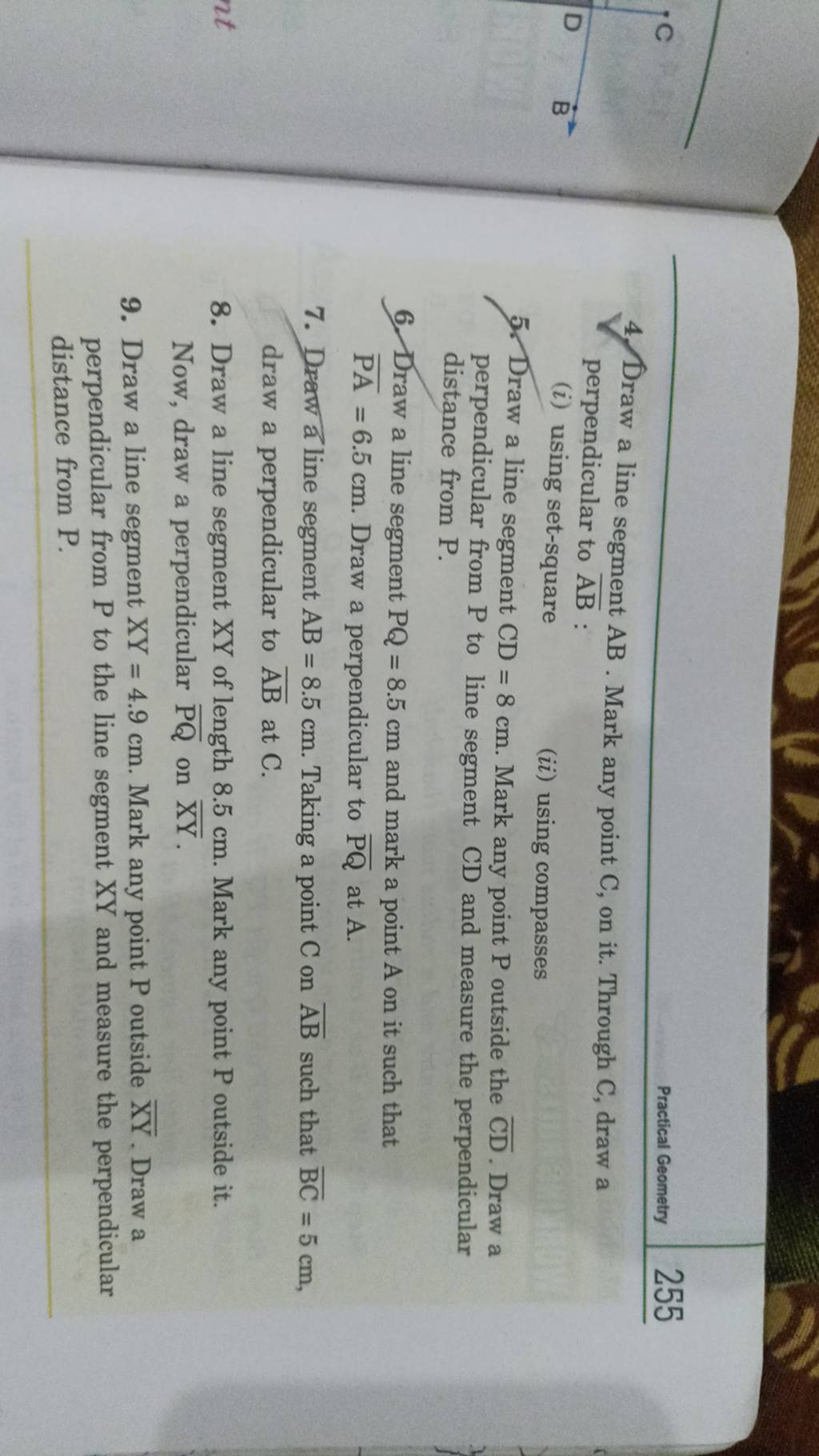 4. Draw a line segment AB. Mark any point C, on it. Through C, draw a per.. 4. Draw a line segment AB. Mark any point C, on it. Through C, draw a per..