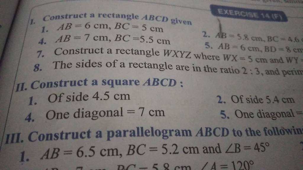 1. Construct a rectangle ABCD given 1. AB=6 cm,BC=5 cm 4. AB=7 cm,BC=5.5