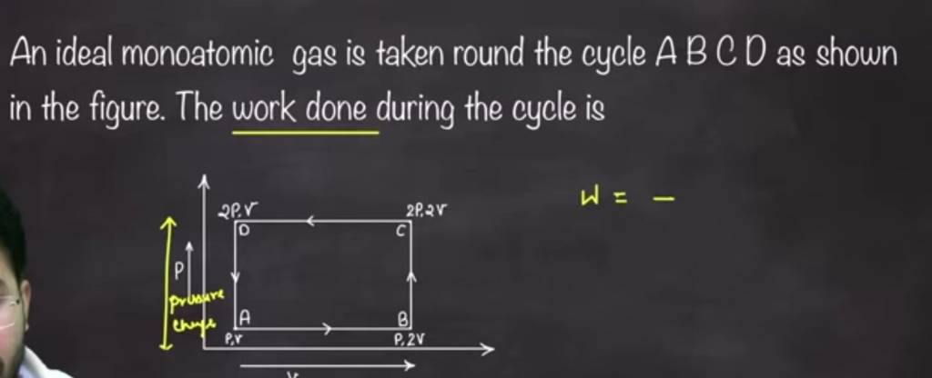 An ideal monoatomic gas is taken round the cycle ABCD as shown in the fig..