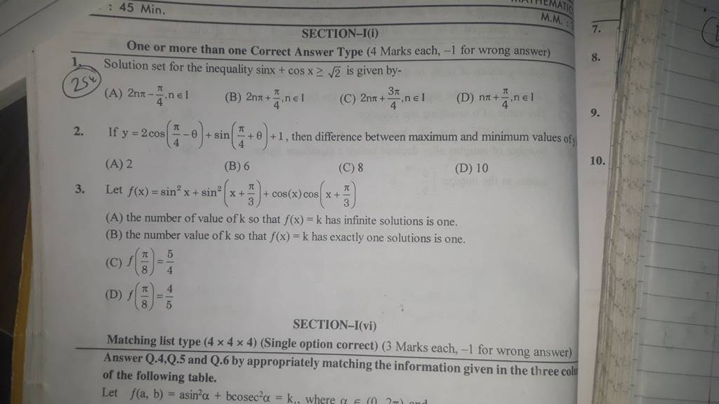 If y=2cos(4π −θ)+sin(4π +θ)+1, then difference between maximum and minimu..