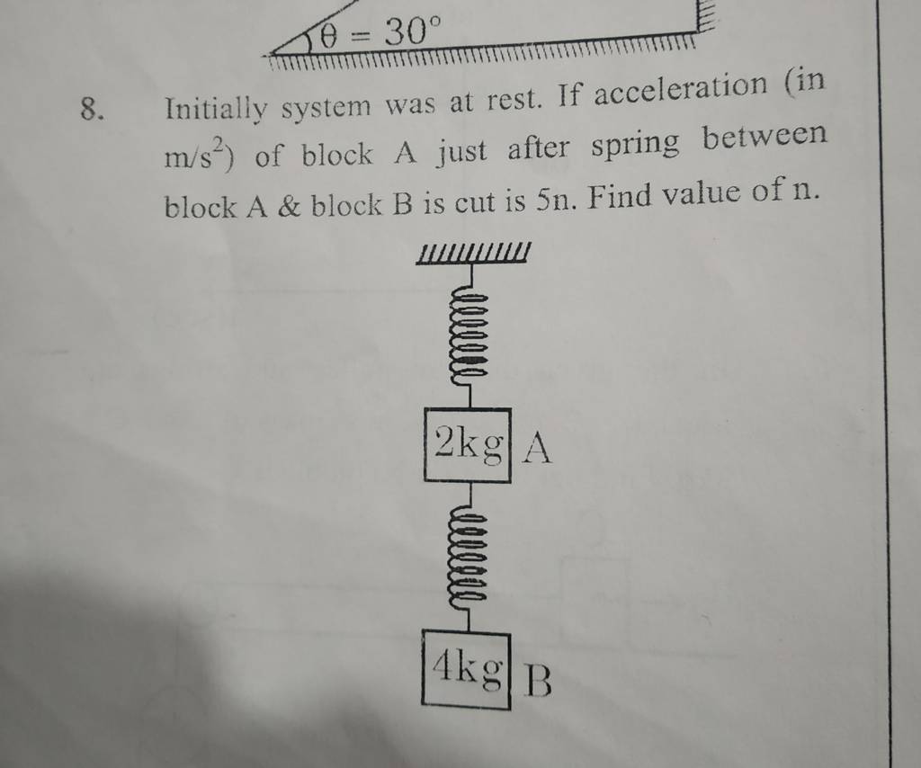 θ=30∘ 8. Initially system was at rest. If acceleration (in m/s2 ) of bloc..