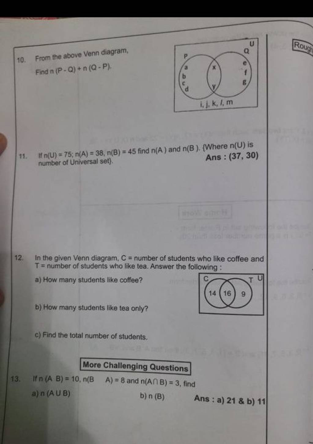 10. From the above Venn diagram, Find n(P−Q)+n(Q−P).11. If n(U)=75;n(A)=3..