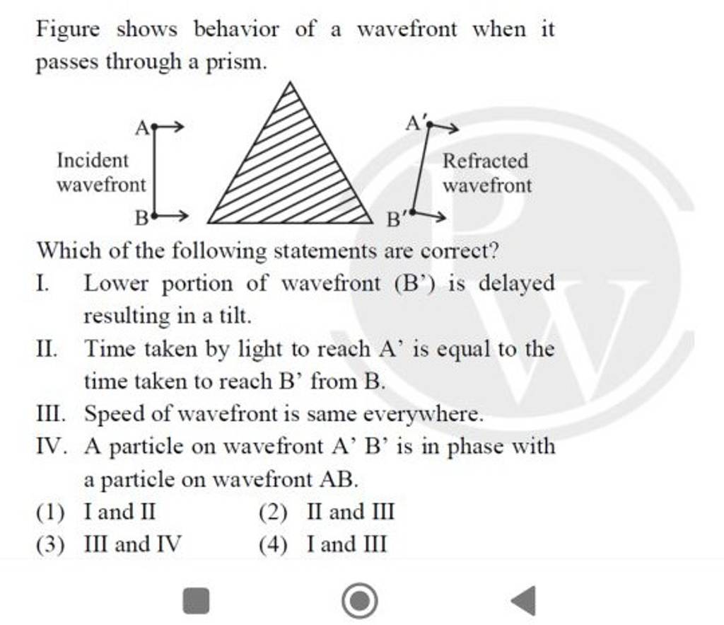 Figure shows behavior of a wavefront when it passes through a prism. Whic..