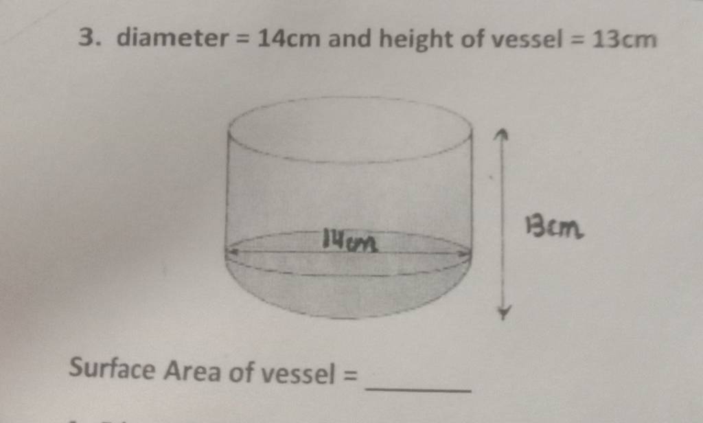 3. diameter =14 cm and height of vessel =13 cm Surface Area of vessel