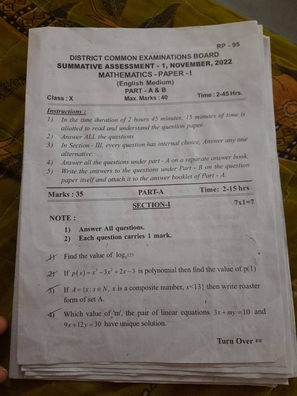 DISTRICT COMMON EXAMINATIONS BOARD SUMMATIVE ASSESSMENT - 1, NOVEMBER, 20..