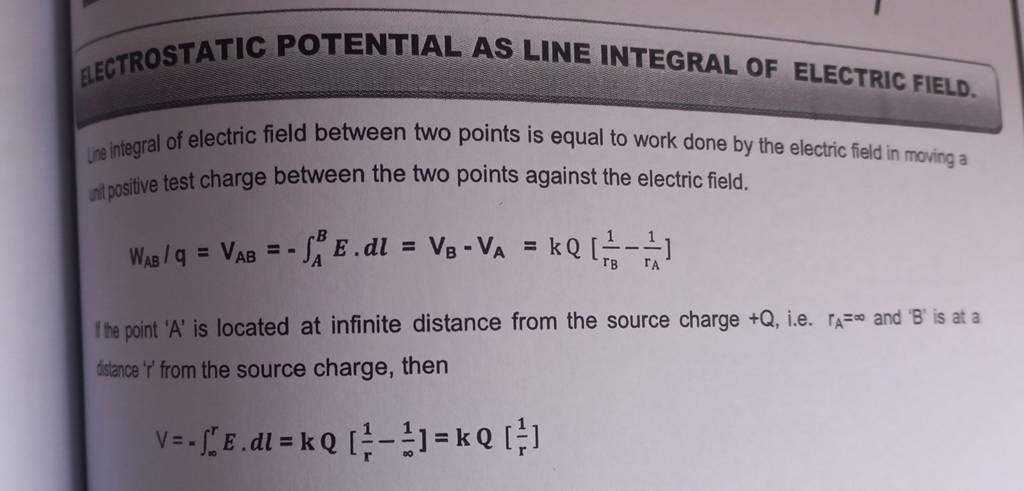 EECTROSTATIC POTENTLAL AS LINE INTEGRAL OF ELECTRIC FIELD. vee inlegral o..