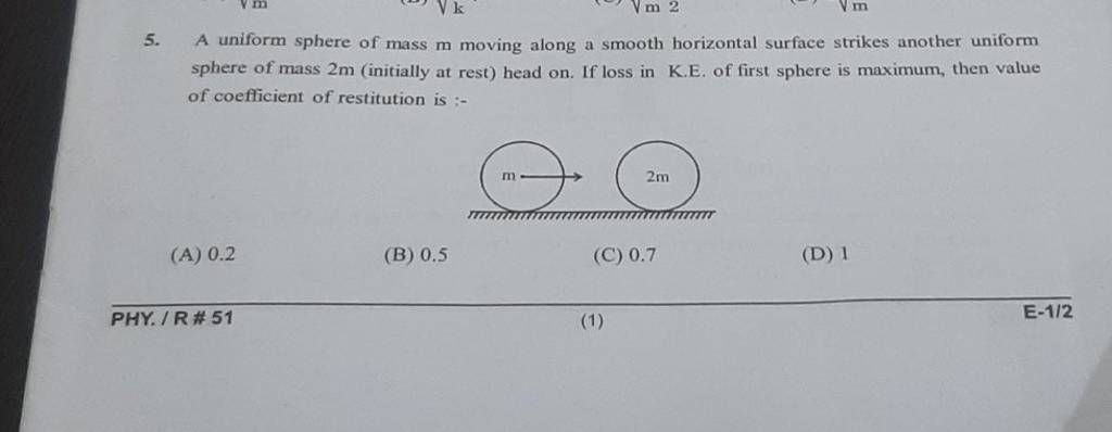 A uniform sphere of mass m moving along a smooth horizontal surface strik..