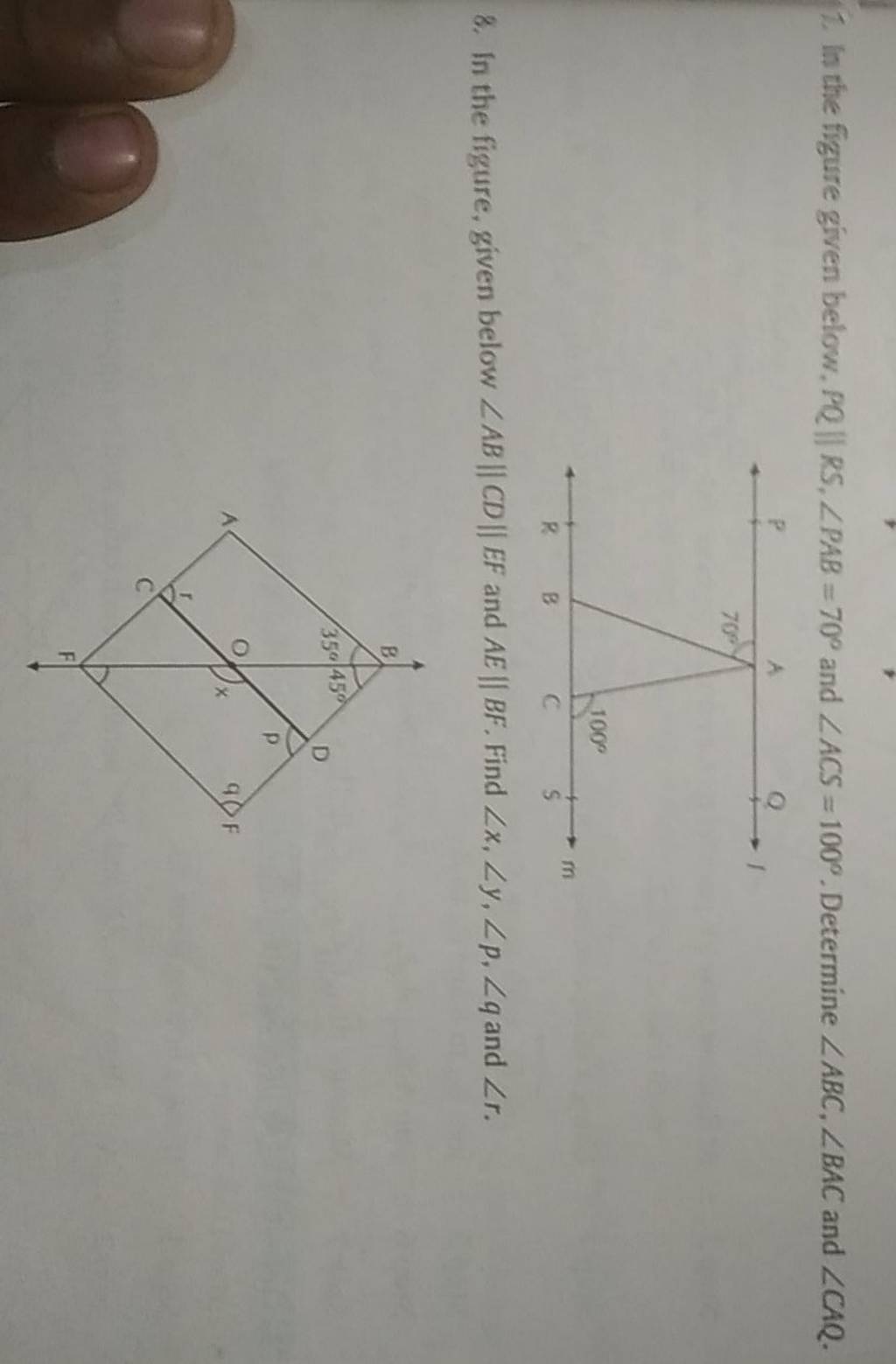 2. In the figure given below, PQ∥RS,∠PAB=70∘ and ∠ACS=100∘. Determine ∠AB..