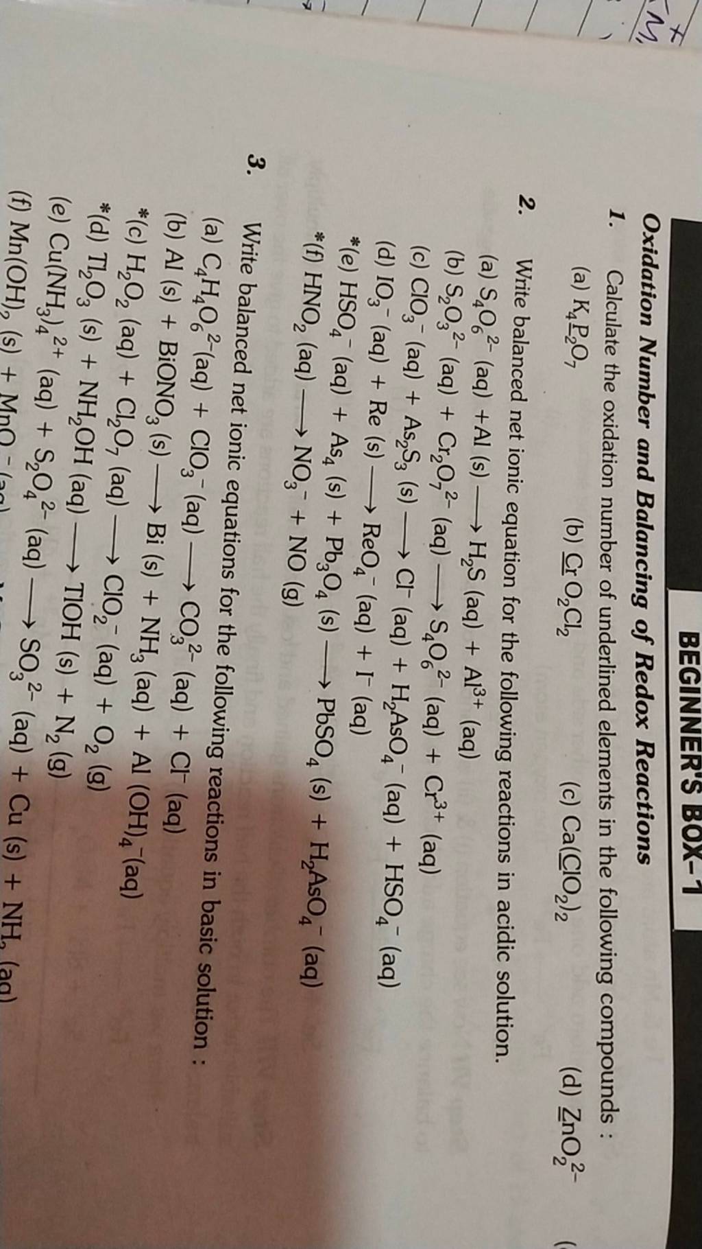 Oxidation Number and Balancing of Redox Reactions 1. Calculate the oxidat..