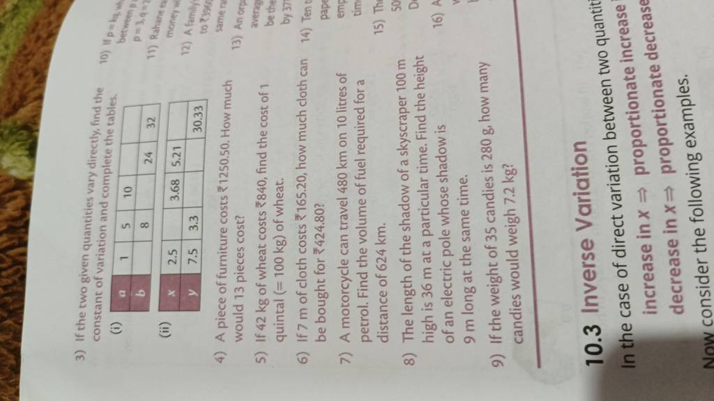 3) If the two given quantities vary directly, find the constant of variat..