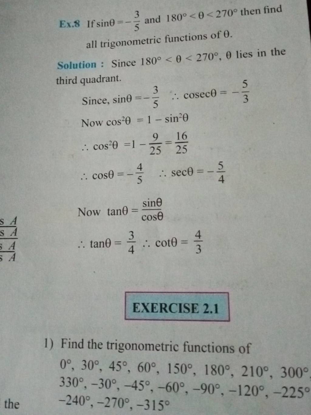 Ex.8 If sinθ=−53 and 180∘