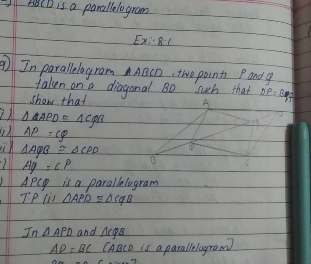 ABCD is a parallelugram Ex :−8% 9) In parallelogram ABCD, twe points P an..