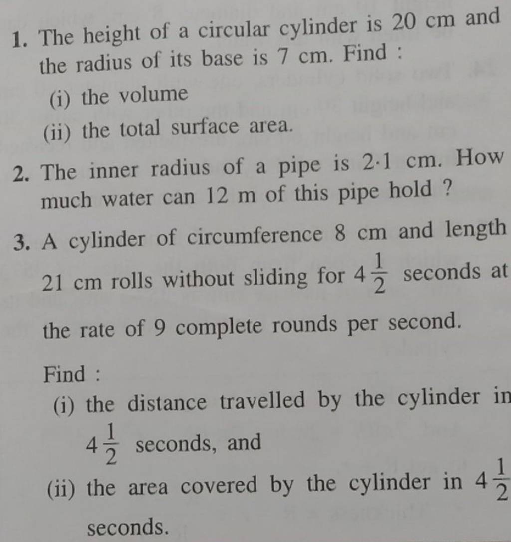 1. The height of a circular cylinder is 20 cm and the radius of its base