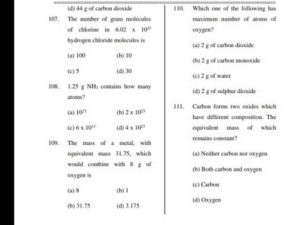 The number of gram molecules of chlorine in 6.02 x 10²5 hydrogen chloride..