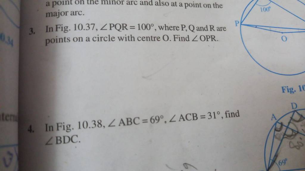 3. In Fig. 10.37, ∠PQR=100∘, where P,Q and R are points on a circle with