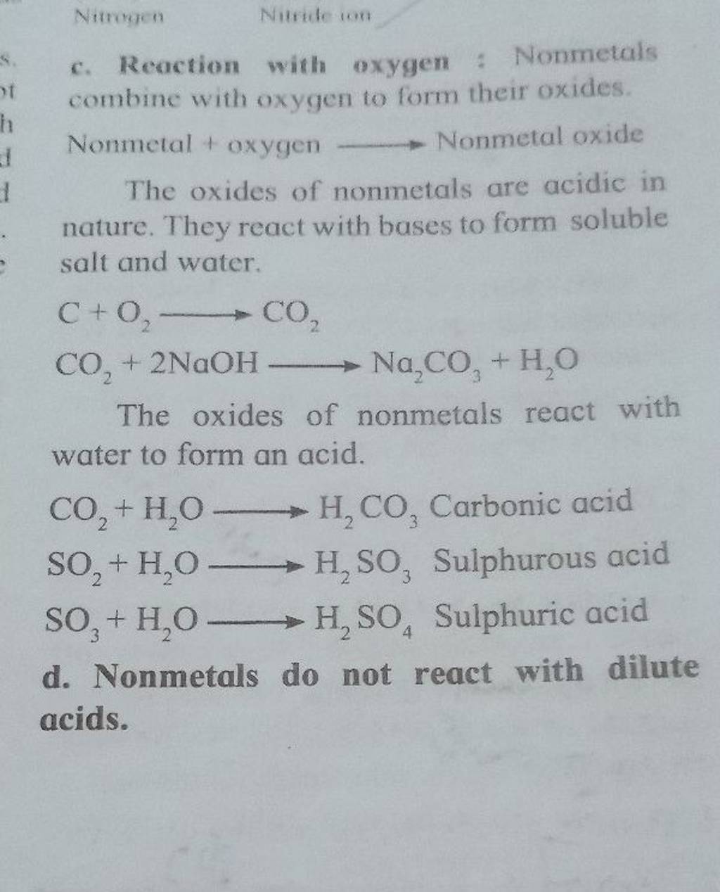 c. Reaction with oxygen : Nonmetals combine with oxygen to form their oxi..