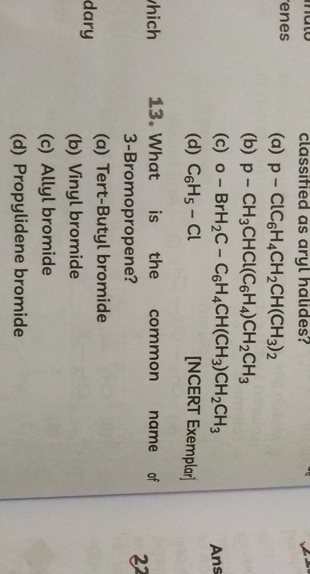 [NCERT Exemplar] 13. What is the common name of 3-Bromopropene? | Filo
