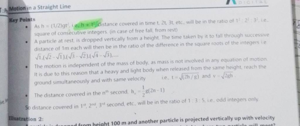 : A Motion in a Straight Line Key Points - As h=(1/2)g2,, e. hot2, distan..
