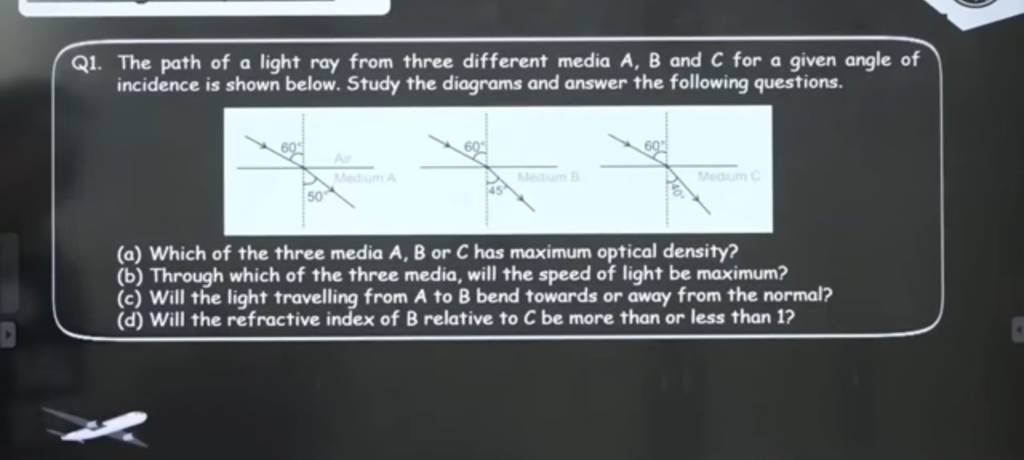 Q1. The path of a light ray from three different media A,B and C for a gi..