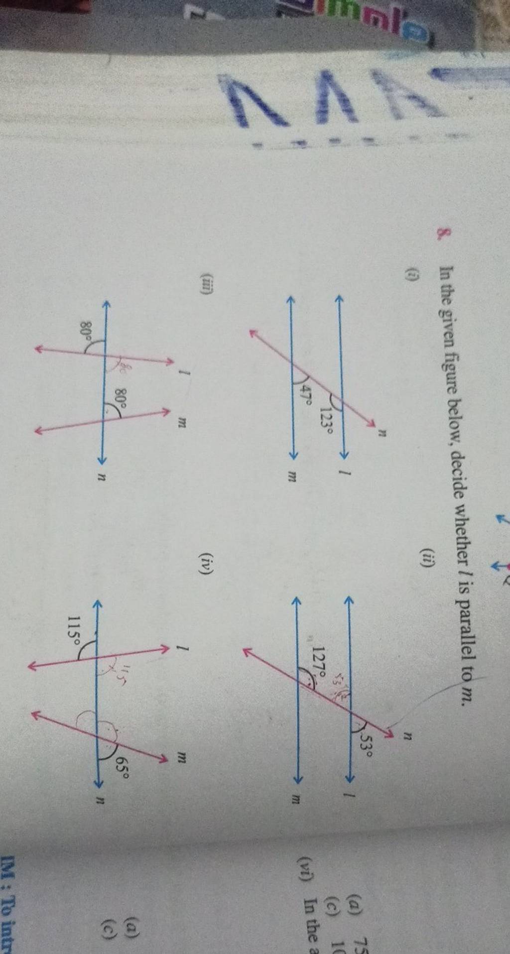 બપ MAN 8. In the given figure below, decide whether / is parallel to m. 4..