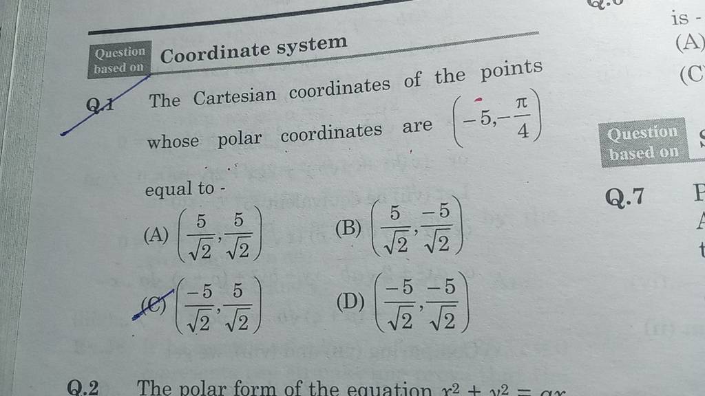 Question Coordinate system Q1 The Cartesian coordinates of the points who..
