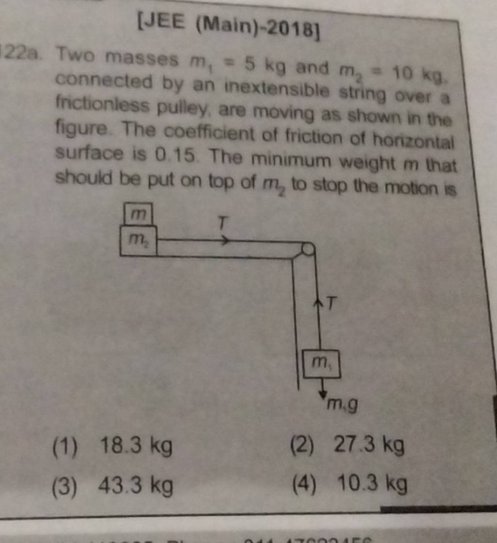 [JEE (Main)-2018] 22a. Two masses m1 =5 kg and m2 =10 kg. connected by an..