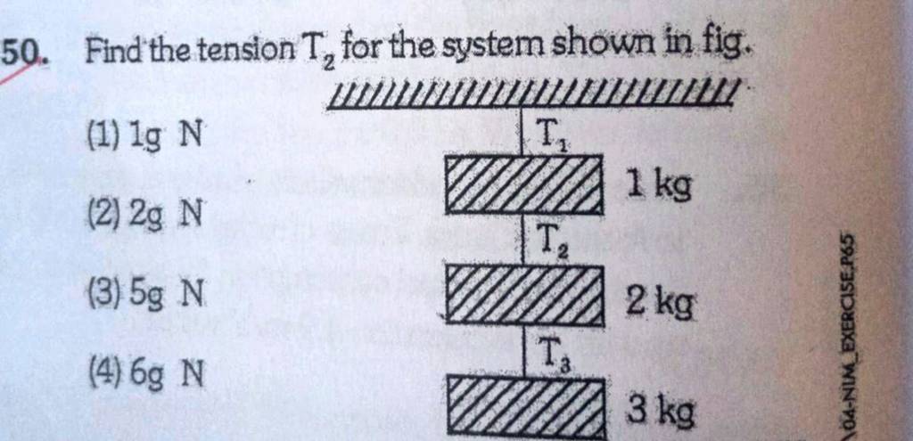 50. Find the tension T2 for the system shown in fig. (1) lgN UIIIIIIIIII..