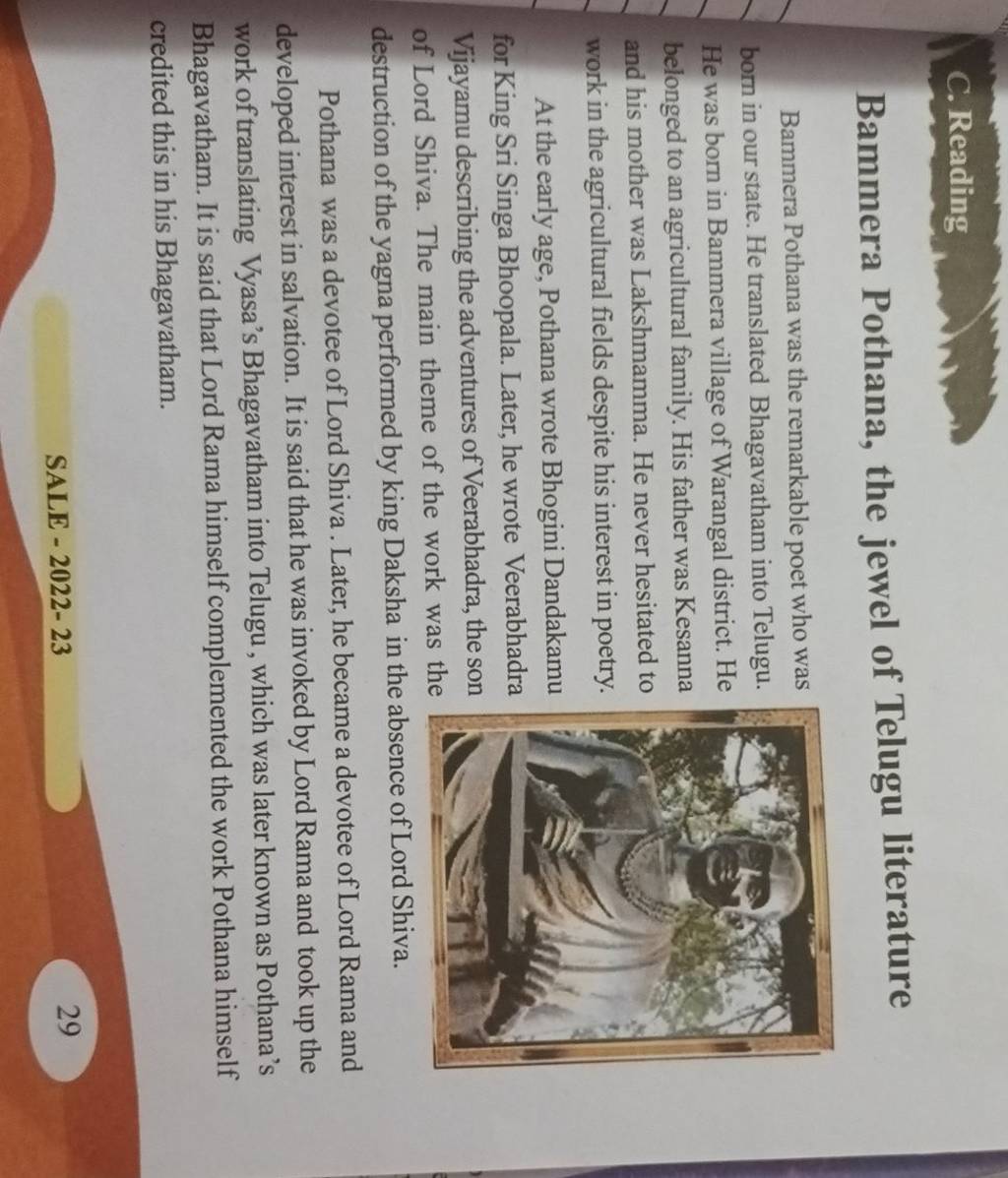 C. Reading Bammera Pothana, the jewel of Telugu literature of Lord Shiva...