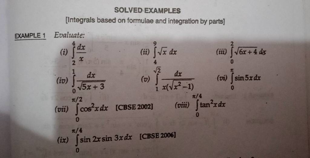 SOLVED EXAMPLES [Integrals based on formulae and integration by parts] EX..