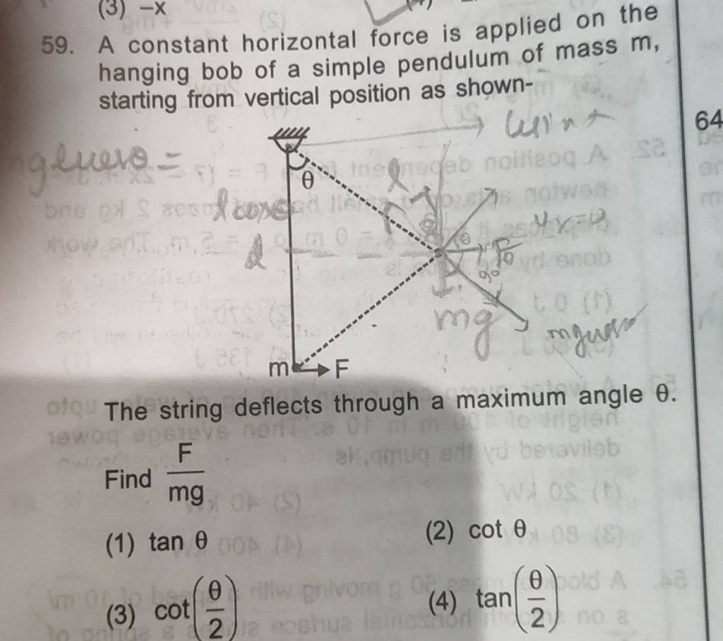 A constant horizontal force is applied on the hanging bob of a simple pen.. A constant horizontal force is applied on the hanging bob of a simple pen..