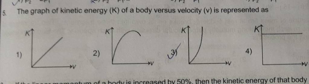 The graph of kinetic energy (K) of a body versus velocity (v) is represen..