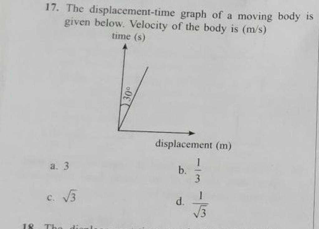 The displacement-time graph of a moving body is given below. Velocity of