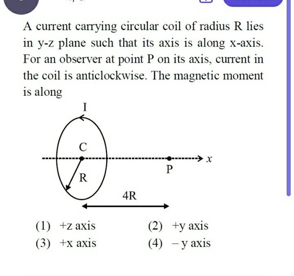 A current carrying circular coil of radius R lies in y−z plane such that