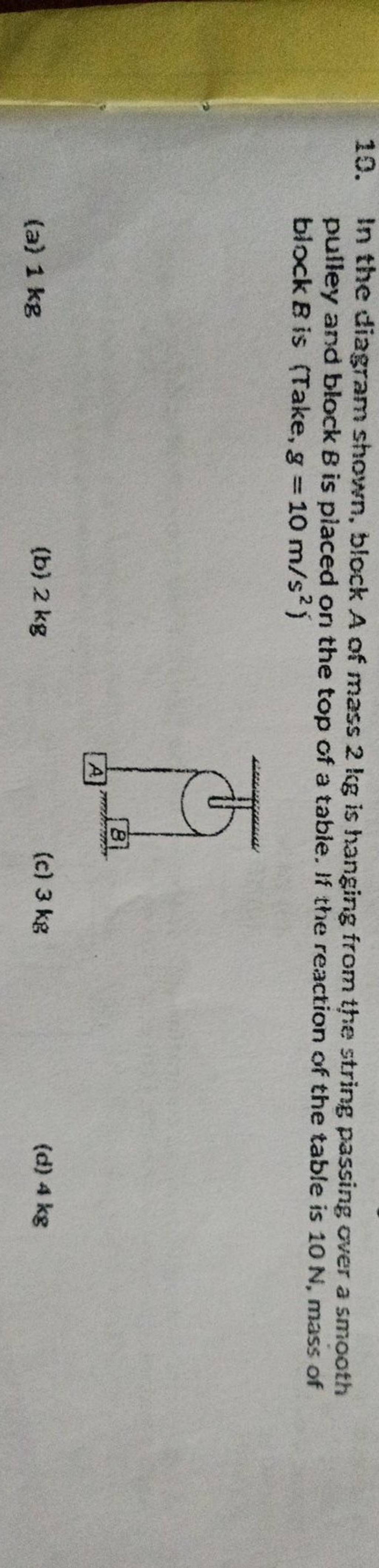 In the diagram shown, block A of mass 2 kg is hanging from the string pas..