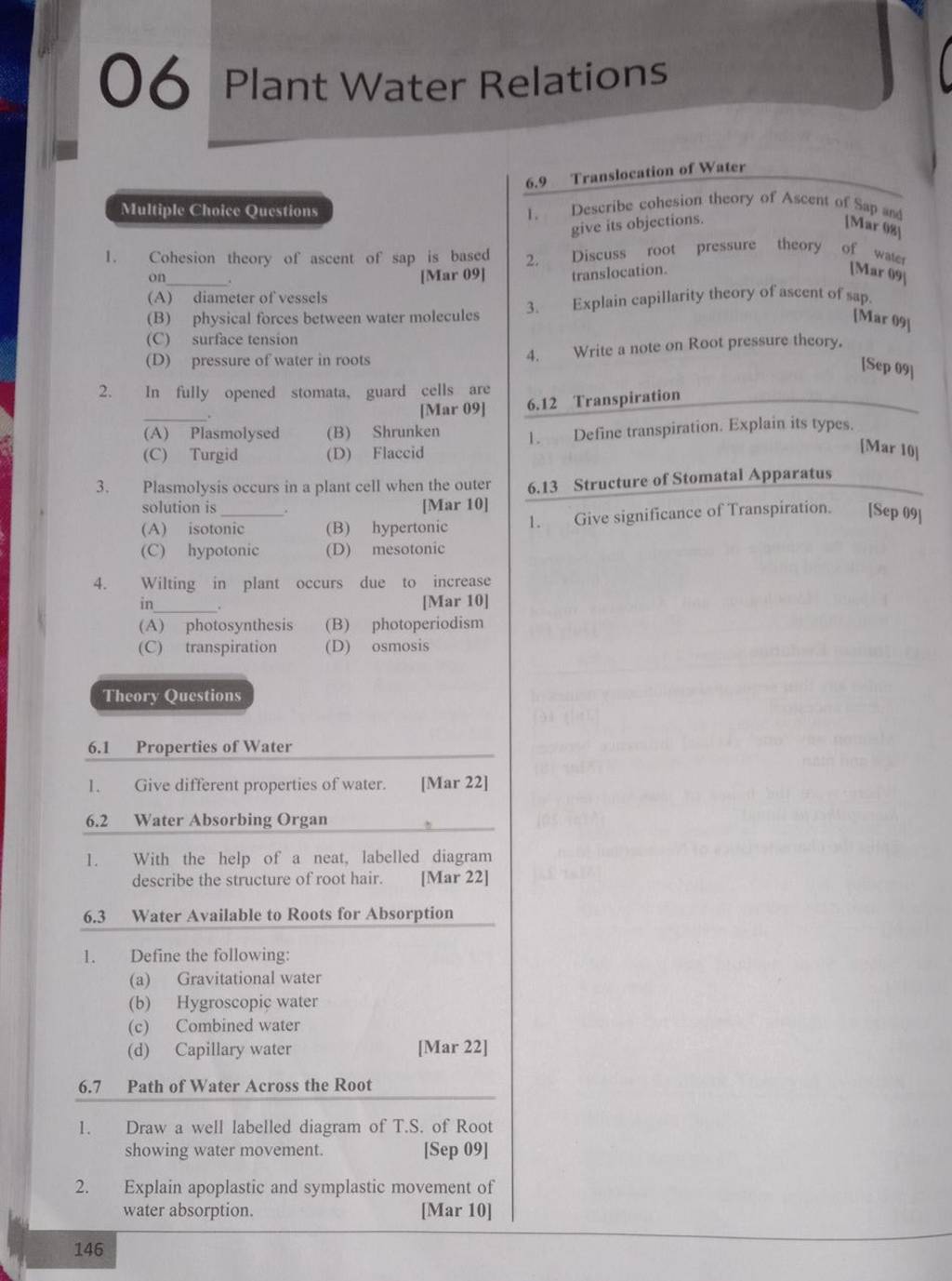 Discuss root pressure theory of water translocation. |Mar 09| 3. Explain