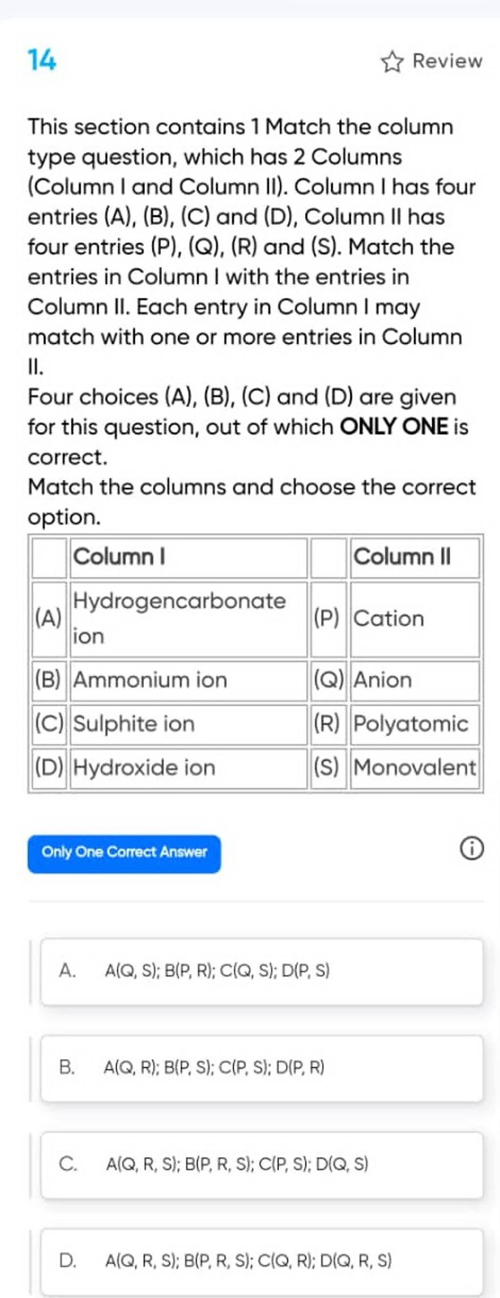 14 is Review This section contains 1 Match the column type question, whic.. 14 is Review This section contains 1 Match the column type question, whic..